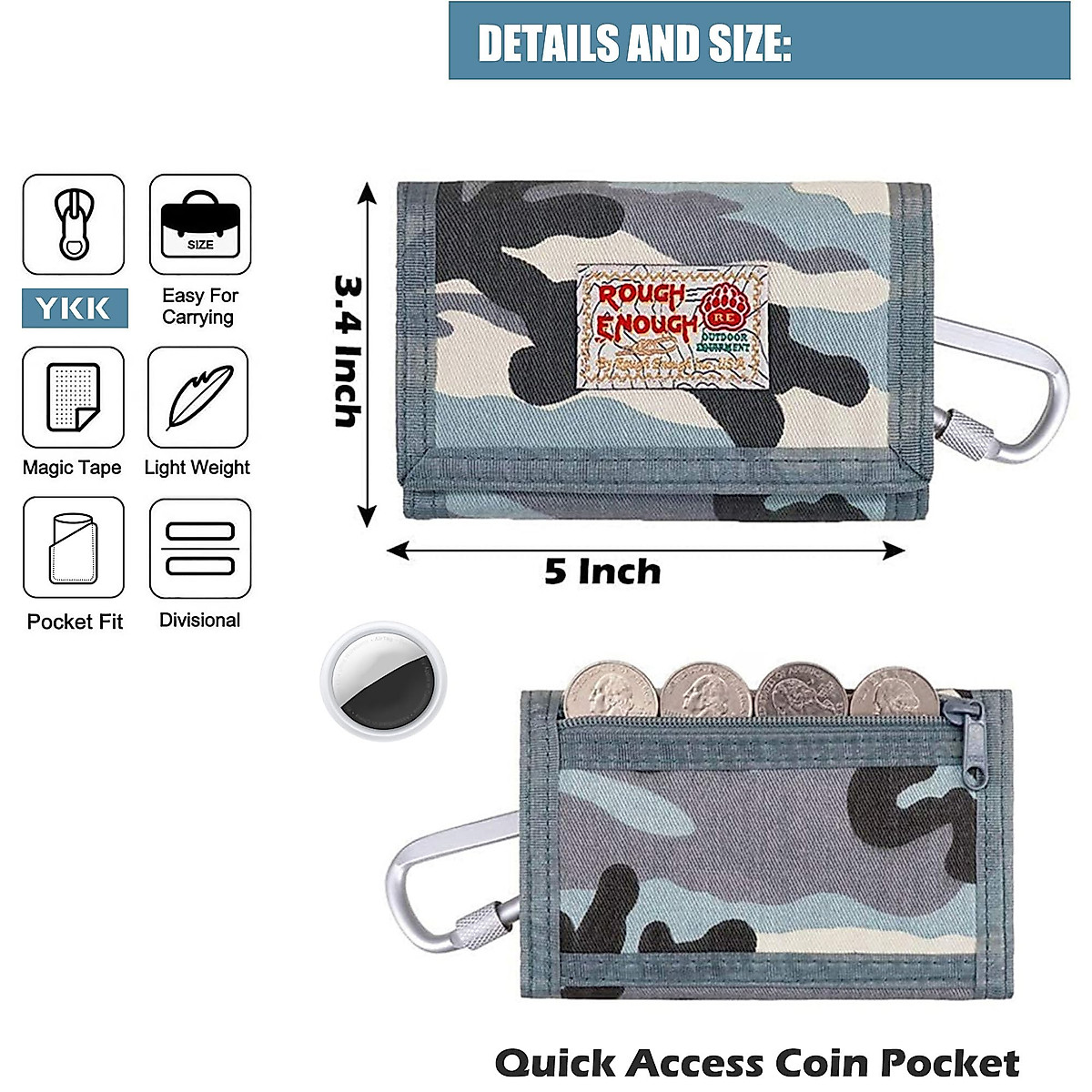 Rough Enough Kids Wallet for Boys Girls with Neck Lanyard Teen Wallet Canvas Blue Camo