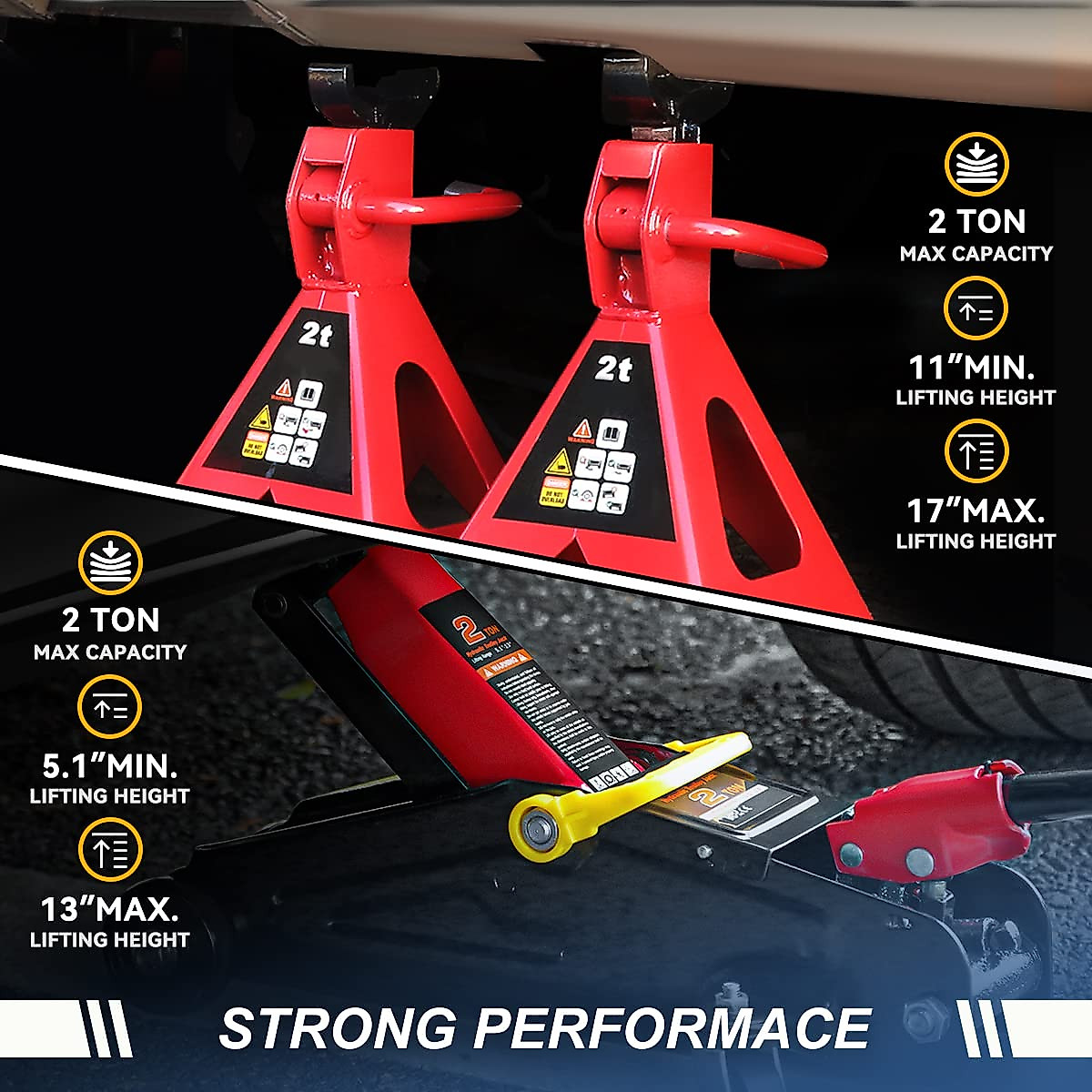 Auto Dynasty 2 Ton Floor Jack with Jack Stands, Heavy Duty Steel Hydraulic Racing Floor Jack with Single Piston Quick Lift Pump, Hydraulic Trolley Service Car Jack, Red/Black