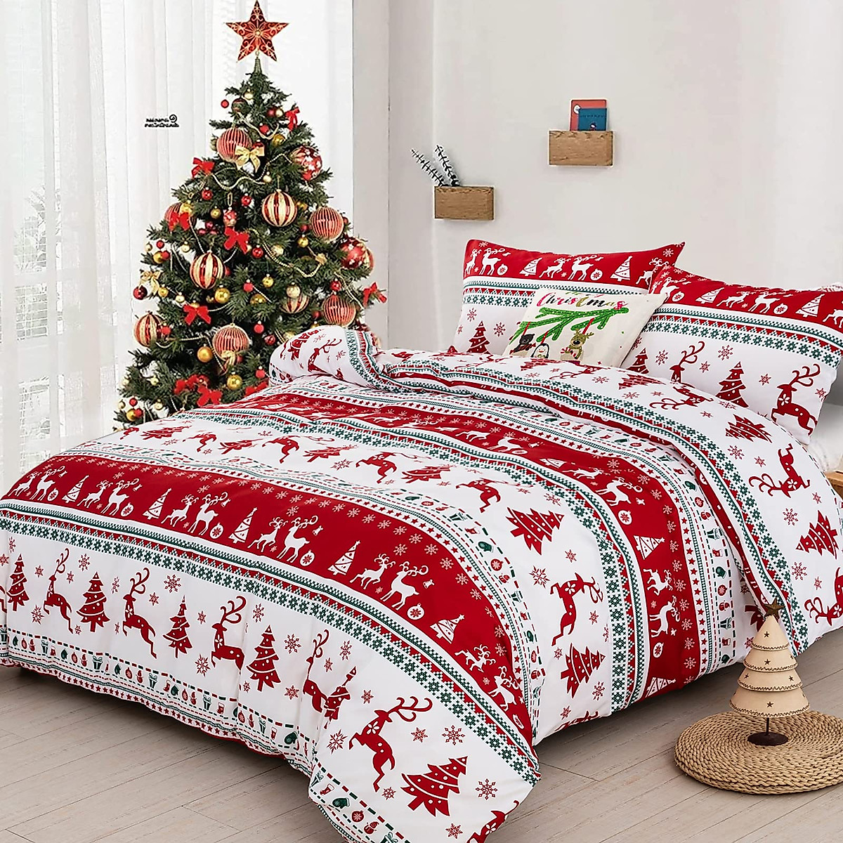 Dobuyly Christmas Duvet Cover Set Queen Reversible Christmas Tree Reindeer Boho Bedding Set 3 Pieces Soft Microfiber Comforter Cover for Bedroom Decor