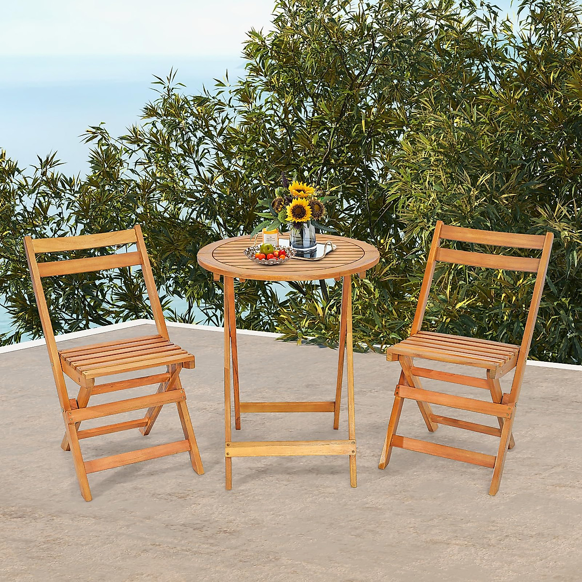 Tangkula 3 Pieces Folding Patio Bistro Set, Solid Acacia Wood Table and Chairs with Slatted Tabletop, Back & Seat, Foldable Outdoor Furniture Set for Patio, Backyard, Garden, Poolside, Natural