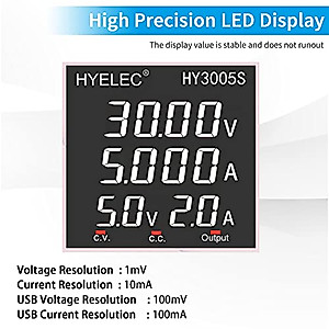 DC Power Supply Variable 30V 5A, Hyelec Adjustable Switching Regulated Power Supply with 4-Digit LED Display, Coarse and Fine Adjustments,5V2A USB Interface,110V Input Voltage