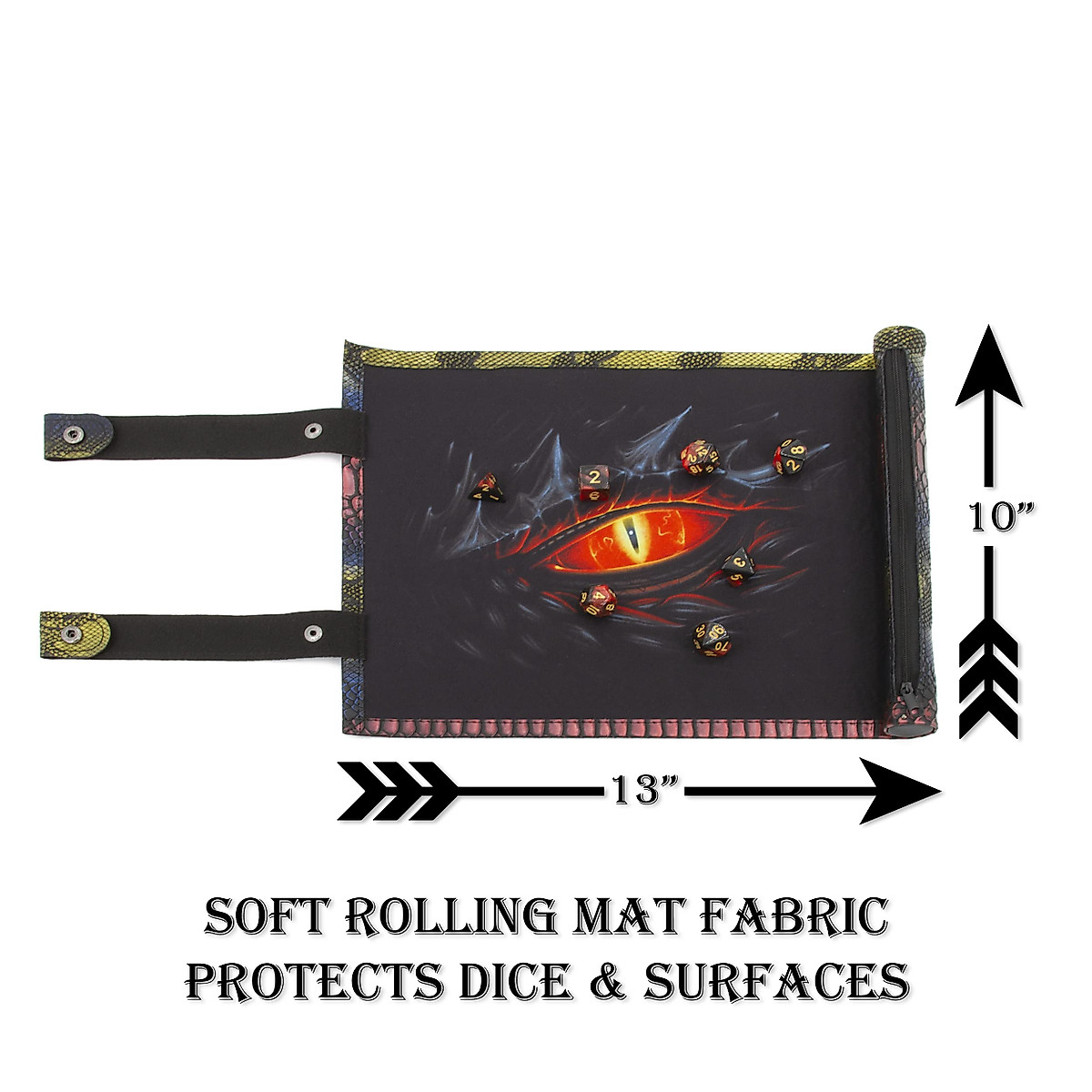CASEMATIX Dice Rolling Tray and Dice Mat with 7 Included Roleplaying Dice Compatible with DND and Other Games - Scroll Rolling Tray and Travel Dice Holder for Storing up to 14 Game Dice