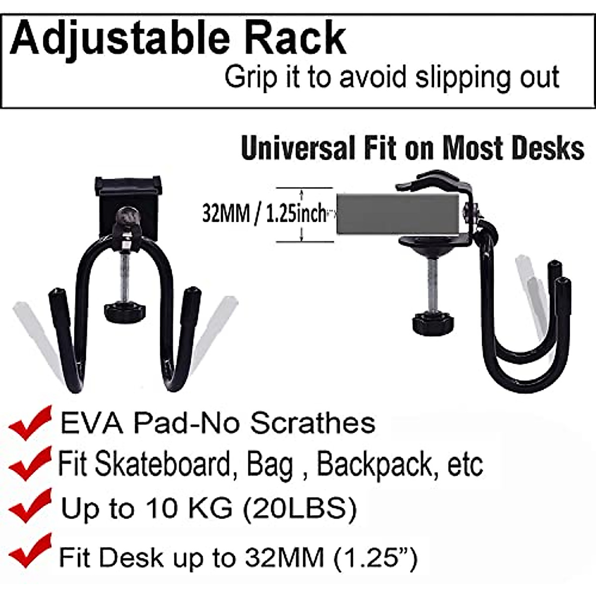 Pmsanzay Desk Store Clamp-On Skateboard Holder/Skateboard Hook /Mini Cruiser Hanger | Provides a Convenient Place to Hang Skateboard or Longboard to Reduce Clutter - 20 lb. Capacity - No Board
