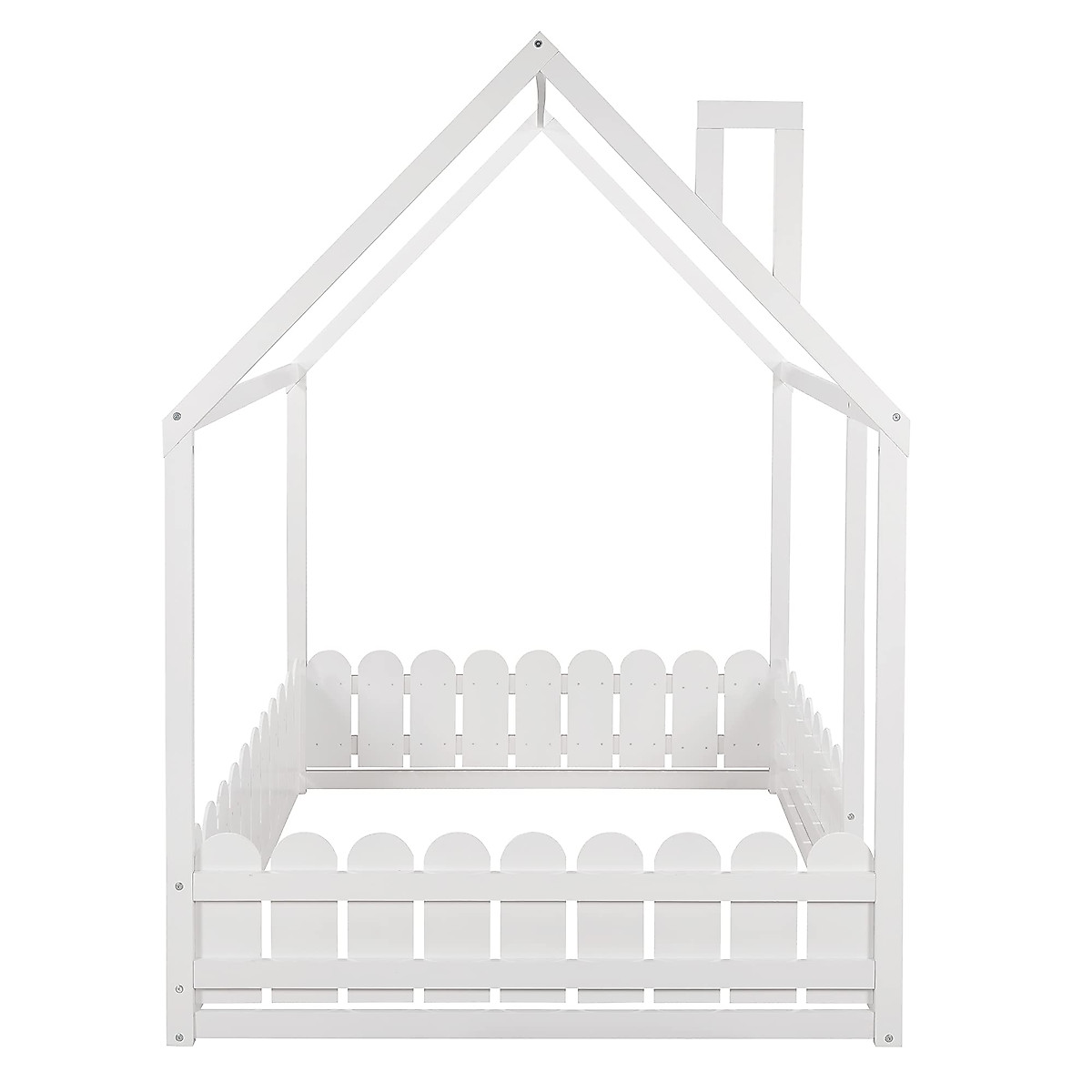 Full Size Wood Bed House Bed Frame with Fence, Cabin Bed, Floor Bed, Nursery Furniture, Kids Tent Bed Play Tent (White Full Size)