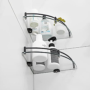 Paradmas Glass Corner Shelf 2 Pack - Floating Bathroom Shelves Tempered Glass Shelf with Rails SUS 304 Stainless Steel Wall Mounted Shower Organizer, 24cmx24cm 6mm, Black