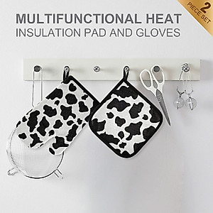 Cow Print Oven Mitts and Pot Holders Sets Washable Reusable Heat Resistant Oven Gloves Hot Pad Potholder for Baking BBQ Cooking