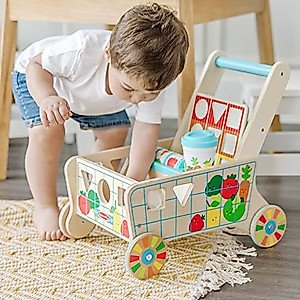 Melissa & Doug Wooden Shape Sorting Grocery Cart Push Toy and Puzzles - Pretend Play Grocery Toys, Sorting And Stacking Toys For Infants And Toddlers Ages 1+ - FSC-Certified Materials