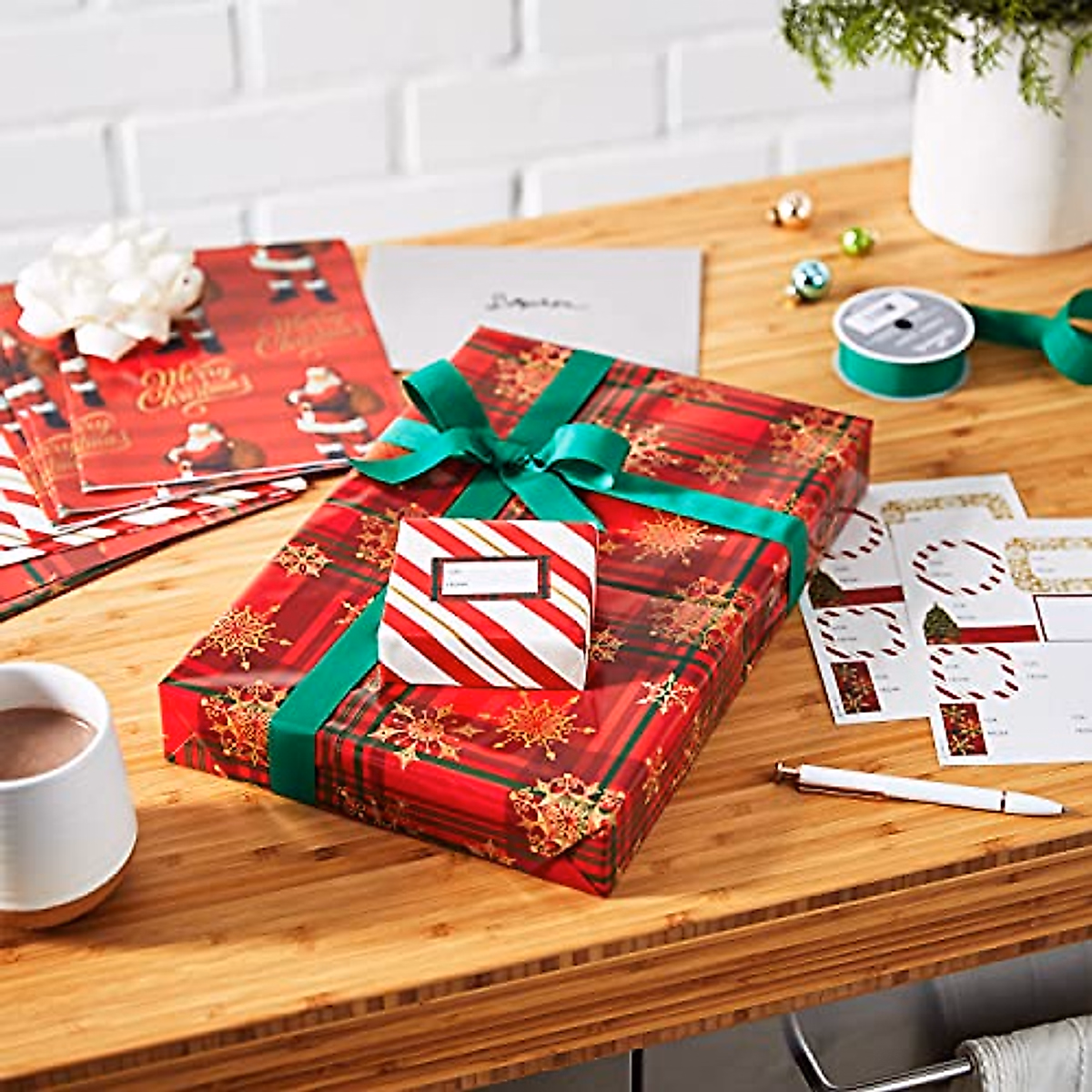 Hallmark Flat Christmas Wrapping Paper Sheets with Cutlines on Reverse and Gift Tag Seals (12 Folded Sheets, 16 Gift Tag Stickers) Red, White and Gold Stripes, Santa Claus, Snowflakes on Plaid