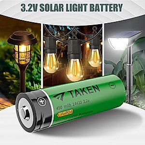 Taken 14430 3.2 Volt Rechargeable Solar Battery, 3.2V 450mAh 14430 LiFePO4 Rechargeable Battery for Solar Panel Outdoor Garden Lights (NOT AA Battery) - 8 Pack