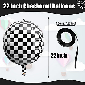 14 Pieces Foil Checkered Balloons 22 Inch Checkered Racing Car Balloons Black White Checkerboard Balloons Racing Themed Birthday Balloons with Black Ribbon for Racing Themed Party Decoration