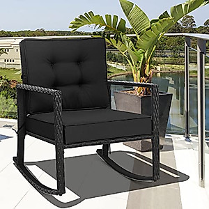 HAPPYGRILL Patio Rocking Chair Outdoor Rattan Wicker Glider Chair with Heavy-Duty Frame Thick Cushion for Backyard Garden Porch, Black