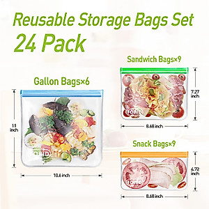 24 Pack Reusable Food Storage Bags - Non Plastic & Silicone Gallon Freezer Bags Sandwich Snack Resealable Lunch Bags Extra Thick Leakproof for Marinate Food & Fruit Cereal Travel Items Home Kitchen