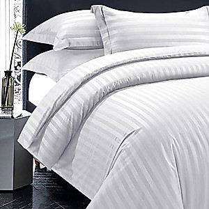 eBeddy Linens Duvet Cover Set Queen Size 90x90 Inch 100% Cotton Soft and Breathable 3 Pieces (1 Duvet Cover & 2 Pillow Shams) Premium Bedding Collection Zipper Closure & Corner Ties, White Striped