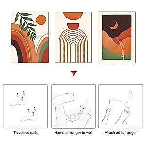 Boho Wall Art Set of 3, Boho Bedroom Decor Orange Minimalist Wall Decor Art, Mid Century Modern Wall Art, Neutral Abstract Geometric Framed Canvas Prints Wall Art for Bathroom 12"x16"