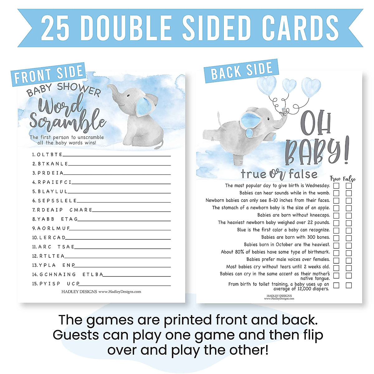 Hadley Designs Blue Elephant Baby Shower Games for Boys - 2 Games Double Sided, 25 Word Scramble for Baby Shower Ideas, 25 True Or False Baby Shower Game, Fun Baby Shower Games, Party Supplies
