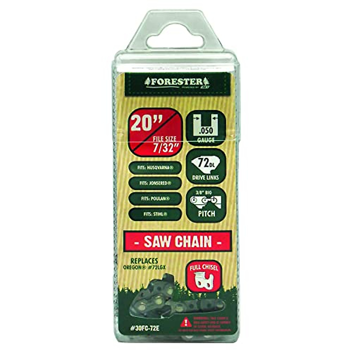 FORESTER FULL-CHISEL CHAINSAW CHAIN LOOP – Non-safety chain 3/8" | .050 Gauge | 72 Drives for 20" BAR | Serious Cutting Blade | Fits Stihl, Oregon, and Husqvarna Chainsaws (72 Drives for 20" Bar)