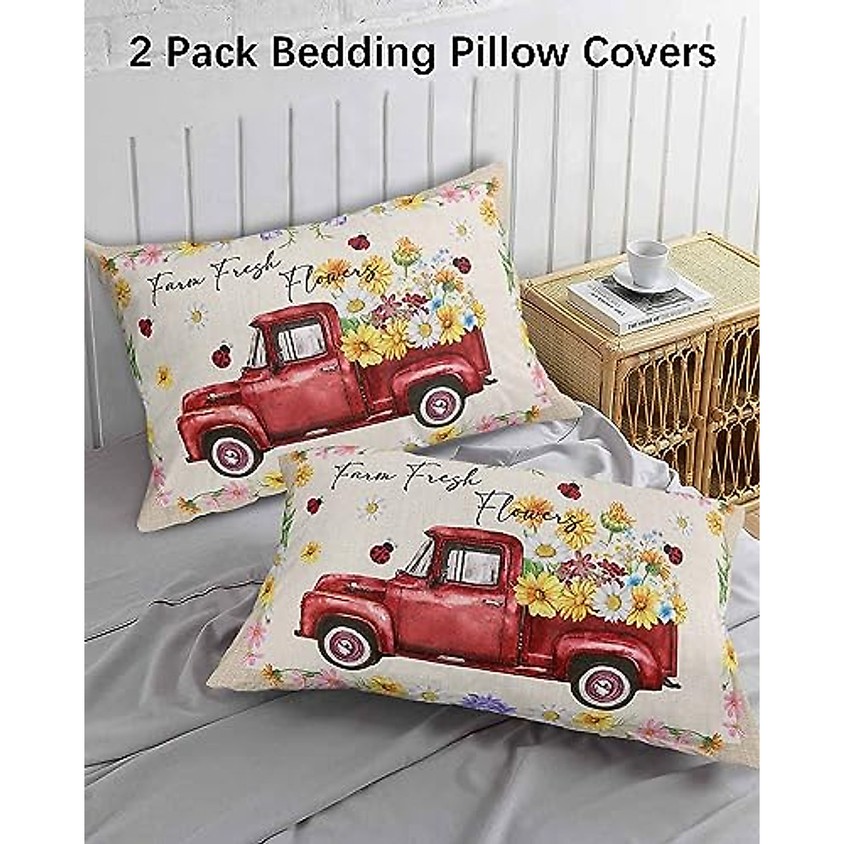 Edwiinsa Summer Truck Pillow Covers Standard Size Set of 2 20x26 Bed Pillow, Ladybug Spring Floral Rustic Plush Soft Comfort for Hair/Skin Cooling Pillowcases with Envelop Closure