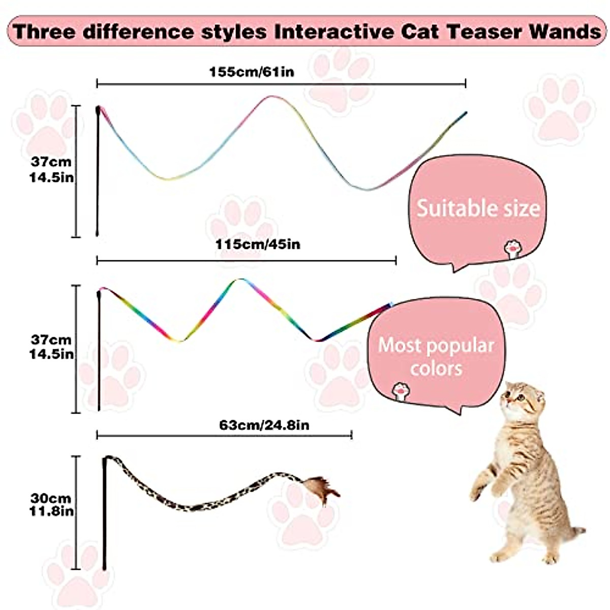 M JJYPET Cat Wand Toys, Interactive Kitten Toys for Indoor Cats,Colorful Cat Teaser Wand String for Cat Kitten Exercise-3PCS