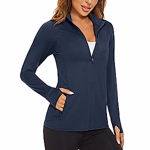 MAGCOMSEN Women's Lightweight Athletic Jacket Zipper Running Shirts Quick Dry Long Sleeve Sun Protection Shirts Navy XL
