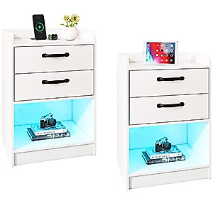 4 EVER WINNER Nightstand Set of 2 LED Light Nightstand with Charging Station, End Table with 2 Drawers for Bedroom, Bedside Table with Power Outlets & USB Ports, White