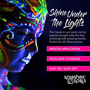 UV Body Paint 10ml - 6 Pack - Glow Paint, Glow in the Dark Body Paint for Adults, Uv Paint, Neon Glow in the Dark Face Paint, Black Light Paint, Neon Face Paint, Neon Body Paint by Splashes & Spills