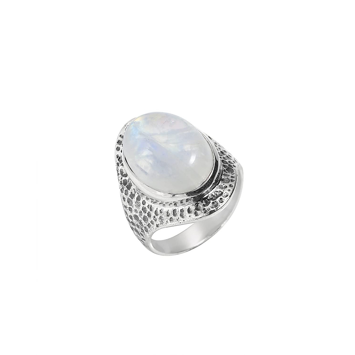 YoTreasure Rainbow Moonstone 925 Sterling Silver Hammered Bold Ring