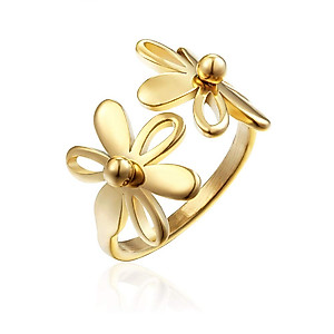 Vintage Daisy Flower Stainless Steel Statement Open Ring for Women Girls Polished Comfort Fit Filigree Hawaiian Sunflowers Adjustable Promise Band Rings Birthday Holiday Gifts BFF Mom (Gold Size 7)