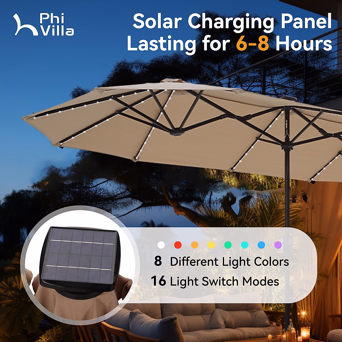 PHI VILLA 13ft Large Patio Umbrella with Solar Lights, Double-Sided Outdoor Market Rectangle Umbrella with 120 PCS LED Lights, Beige (No Base)