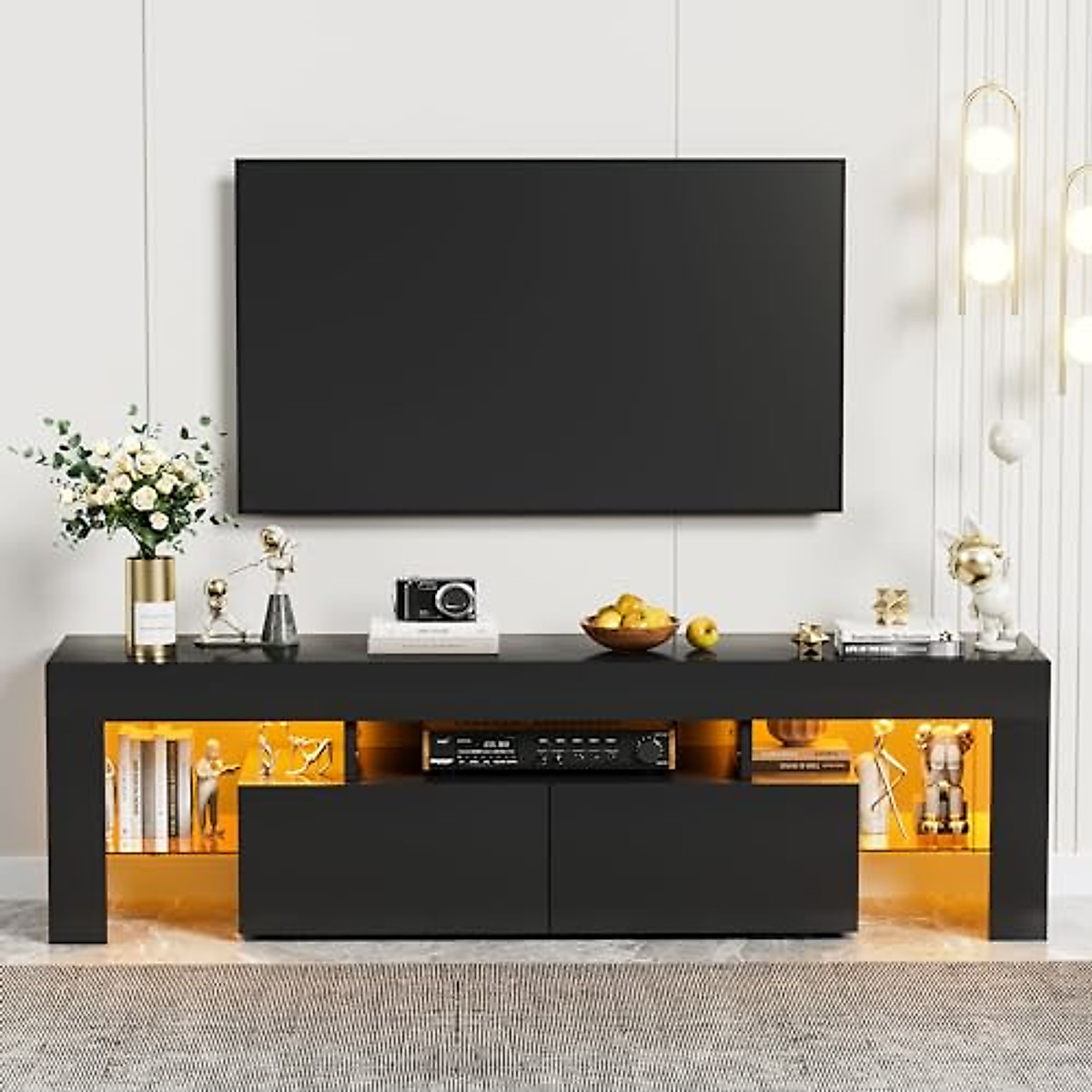 YESHOMY Modern LED TV Stand for Televisions up to 70 Inch with Glass Shelves and Drawer, Gaming Entertainment Center with Multiple Dynamic RGB Modes, for Livingroom, Bedroom, 60 Inch, Black