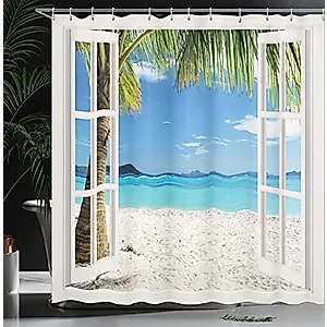 Ambesonne Turquoise Shower Curtain or Backdrop Tropical Palm Trees on Island Ocean Beach Through Wooden Windows Cloth Fabric Decor Set with Hooks for Home Dorm Bathroom 69" W x 75" L Blue Green White