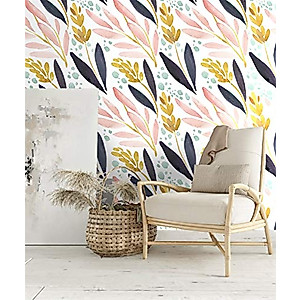 HAOKHOME 93027 Watercolor Forest Peel and Stick Wallpaper Removable White/Pink/Navy/Yellow Floral Vinyl Self Adhesive Shelf Liner 17.7in x 9.8ft