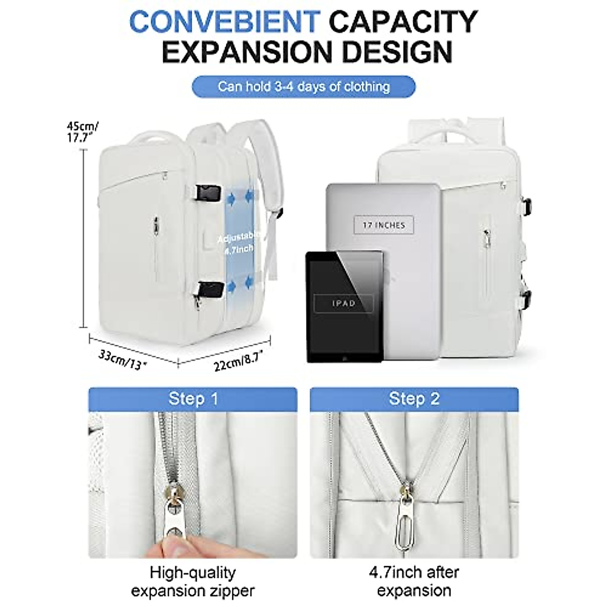 Large Travel Backpack for Women,Carry On Backpack,Expandable Airline Airplane Approved Weekender Backpack,Hiking Backpack,Laptop Backpack with USB Charging Port,Waterproof 40L Backpack Bag, White