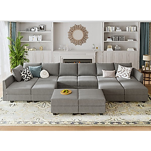 HONBAY Modular Sofa Couch with Storage Seats U Shaped Modular Sectional Sofa with Reversible Chiase Oversized Modular Sofa Sleeper Set with Ottomans, Grey