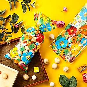 100 Hibiscus Cello Bag Tiki Party Supply Aloha Luau Party Decorations, Hibiscus Goody Bags Candy Cellophane Bag Treat Bags for Hawaii Party Summer Table Setting