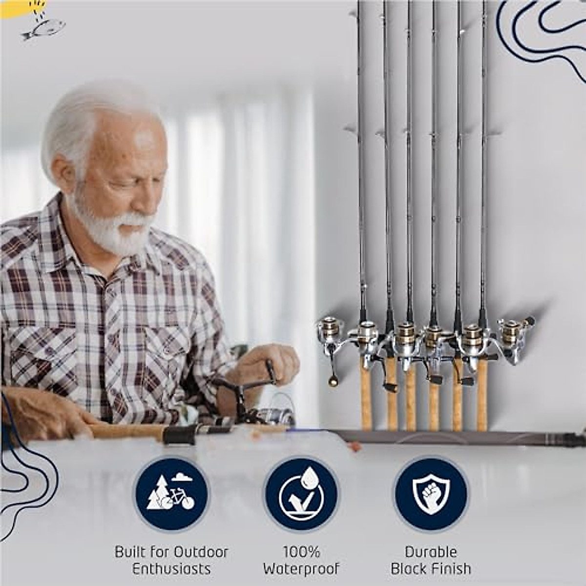 Rush Creek Creations, Ceiling Fishing Rod Holder for 6 Rods, Fishing Pole Holder for Garage Organization and Wall Storage, for Fishing Reels, Fishing Gear, and Fishing Accessories (2 Horizontal Rack)