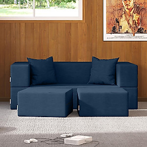 Jaxx Zipline Convertible Sleeper Loveseat & Ottomans, Textured Microvelvet - Indigo