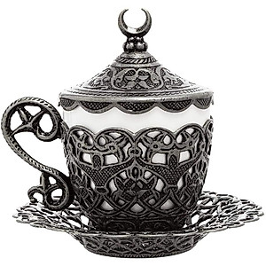 Alisveristime (1 Pc Turkish Coffee Cup - Traditional Design with Crescent Motif, Porcelain Cup and Saucer for Turkish, Greek, Arabic Coffee and Espresso (Gelincik) (Black)