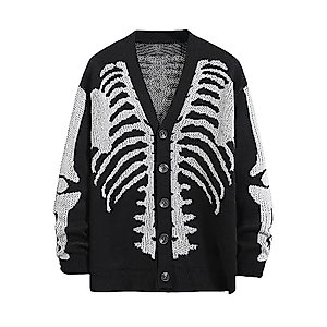 SHENHE Men's Skeleton Print Long Sleeve Cardigan Sweaters V Neck Button Down Outwear Coats Black L