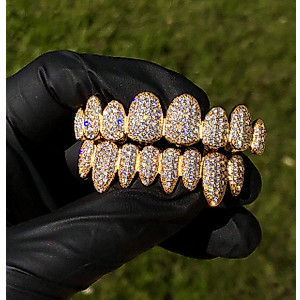 Shop-iGold 14k Gold Plated Joker Gold Grillz for Mouth Top Bottom Hip Hop Teeth Grills for Teeth Mouth Grillz for Mouth Top Bottom Hip Hop 8 Teeth Grills for Teeth Mouth Set