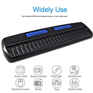 Tenberly 24 Slot LCD Smart Battery Charger for AA/AAA NiMH/NiCd Rechargeable Batteries Multiple Intelligent Battery Charger with AC Wall Adapter