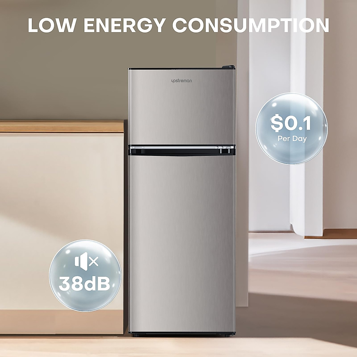 Upstreman 4.0 Cu.Ft. Small Refrigerator with Freezer, Dorm Essentials, Double Door, Mini Fridge for Office, Dorm, Bedroom, Adjustable Thermostat, Large Capacity, Stainless-SR401