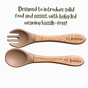 Li'l Rockstar Baby Led Weaning Supplies - Silicone Baby Feeding Set – Silicone Baby Bibs Suction Bowl Divided Plate Cup Self Feeding Spoons – Baby Toddler Dish Set (Dark Beige)