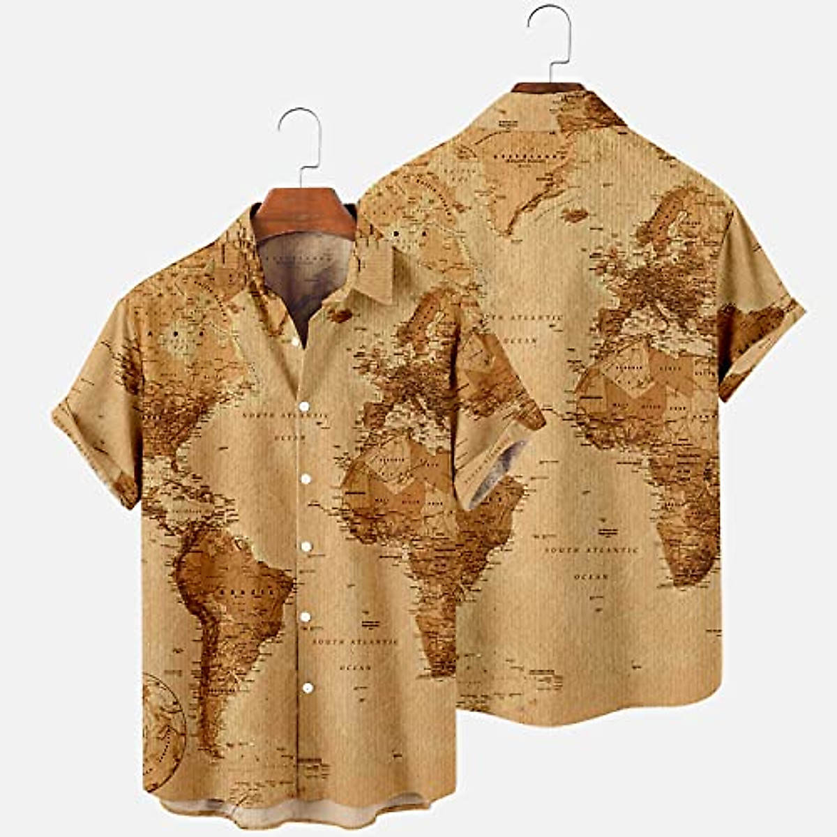 hhaappyy Hawaiian Shirt for Men Funky Casual Button Down Short Sleeve Unisex Beach Shirts Fashion World Map Print Summer Tops, 03-gold, X-Large