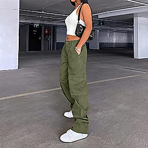 Lepunuo Cargo Pants for Women High Waisted Casual Pants Baggy Stretchy Wide Leg Y2K Streetwear with 6 Pockets Army Green