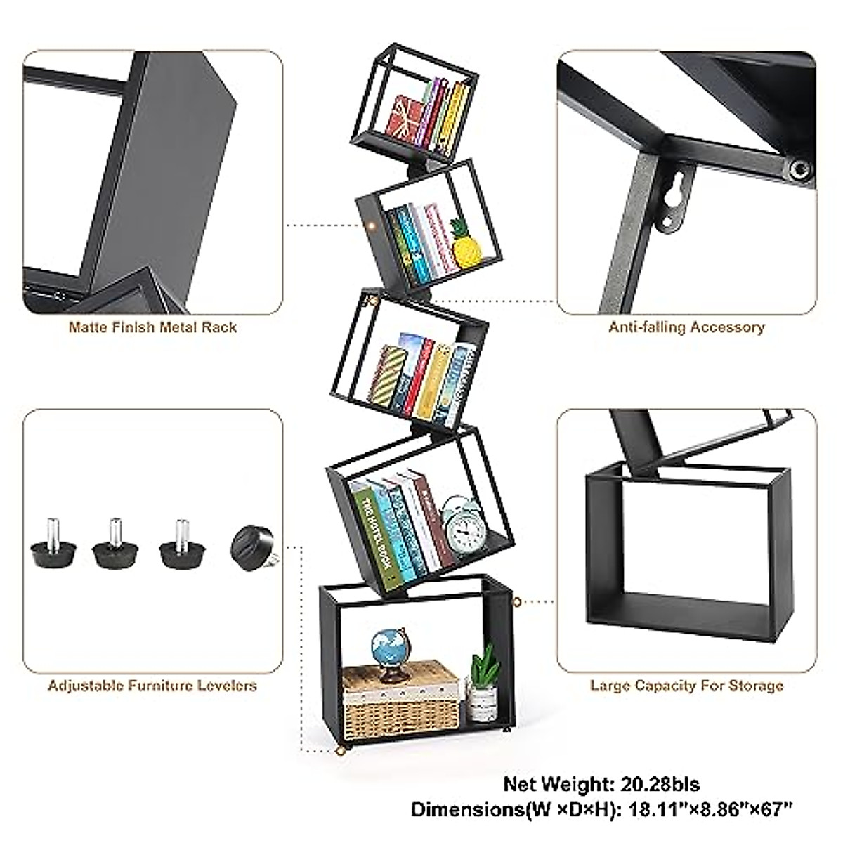 Asuli Bookshelf, 5-Tier Bookshelves, 67" Tall Black Bookshelf, Book Shelf, Bookcase, Modern Book Storage, Storage Shelves for CDs/Books/Home Decor, Display Shelf