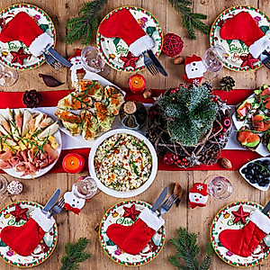 AFZMON 50 Pack Christmas Party Plates Dessert Paper Dinnerware Plates, 7 Inch Snowman Santa Gift Box Wooden Cottages Theme Disposable Round Plate for Xmas Holiday Party Supplies