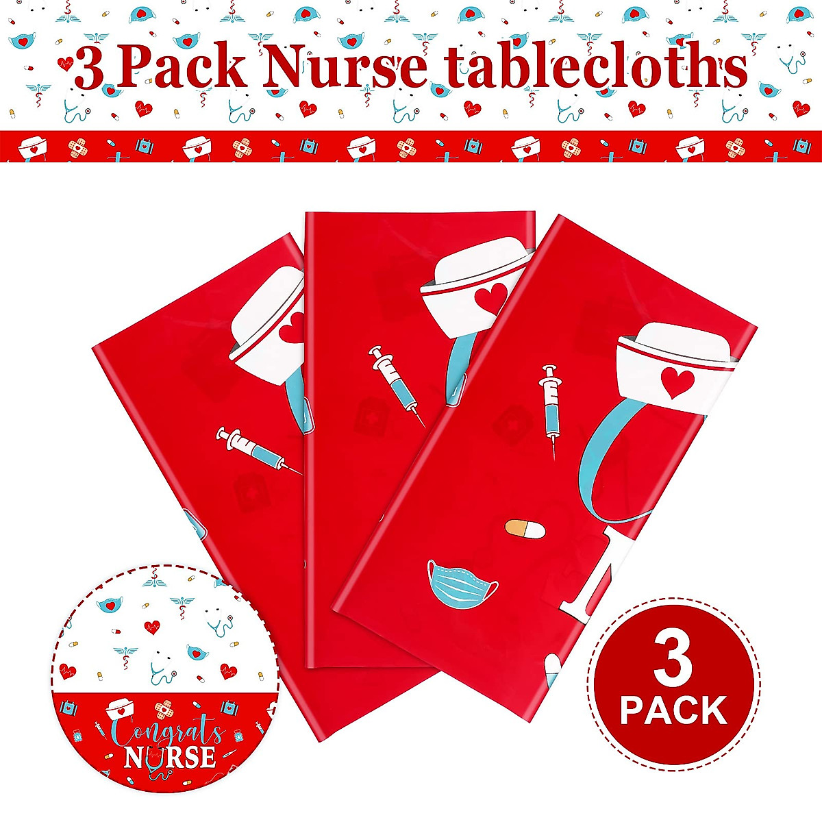 Moukeren 3 Pieces Nurse Graduation Tablecloth Nurse Graduation Party Supplies Nurse Plastic Congrats Table Covers Red White Nurse Graduation Table Cloth for Nurse Graduation Party Decor 54 x 108 Inch