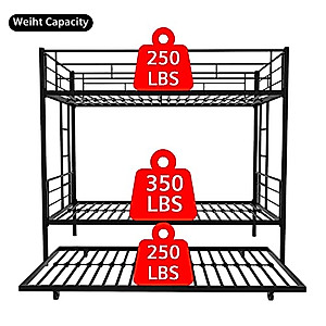 OYN Twin Over Twin Metal Bunk Bed Frame with Trundle and 2 Ladders, Black (New Upgrade Reinforcement Version)