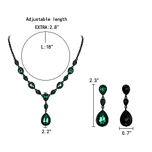 EleQueen Women's Cubic Zirconia Teardrop Y-Necklaces Dangle Earrings Sets for Brides Bridesmaids Green Black-Tone