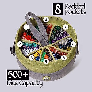CardKingPro Monstrous - Dice Bag with 8 Pockets - Gray/Green - Huge Capacity 500+ Dice - Great for Dice Hoarders